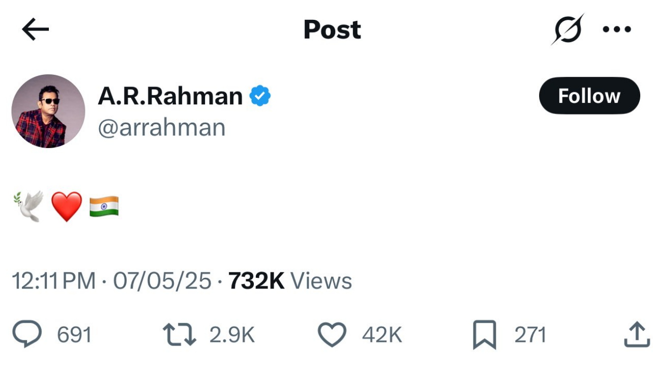 AR Rahman, Silent On Pahalgam Terror Attack, Preaches Peace With Emojis After India’s Operation ...