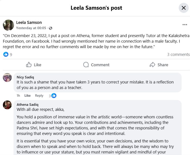 Former Kalakshetra Director Leela Samson Expresses 'Regret' For Wrongly Linking A Female Student ...